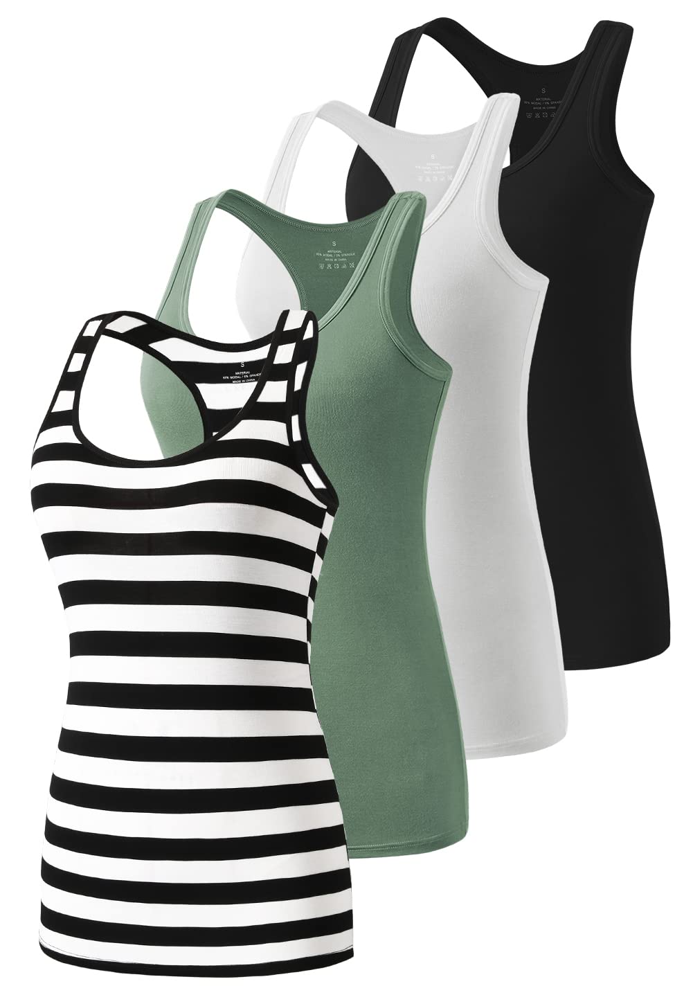 Star Vibe Racerback Workout Compression Tank Tops for Women Scoop-Neck Basic Tanks Yoga Undershirt Sleeveless Exercise Activewear Tops 4 Pack Black/White/Army Green/Black Stripe M