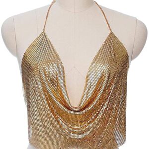 Ginfonr Sexy Sequins Body Chain Crop Top Belly Women Golden Fashion Jewelry Waist Bra Hot Bikini Beach Harness Dance Birthday Anniversary Festival Gift Night Club Party Rave Outfit for Lady Girls