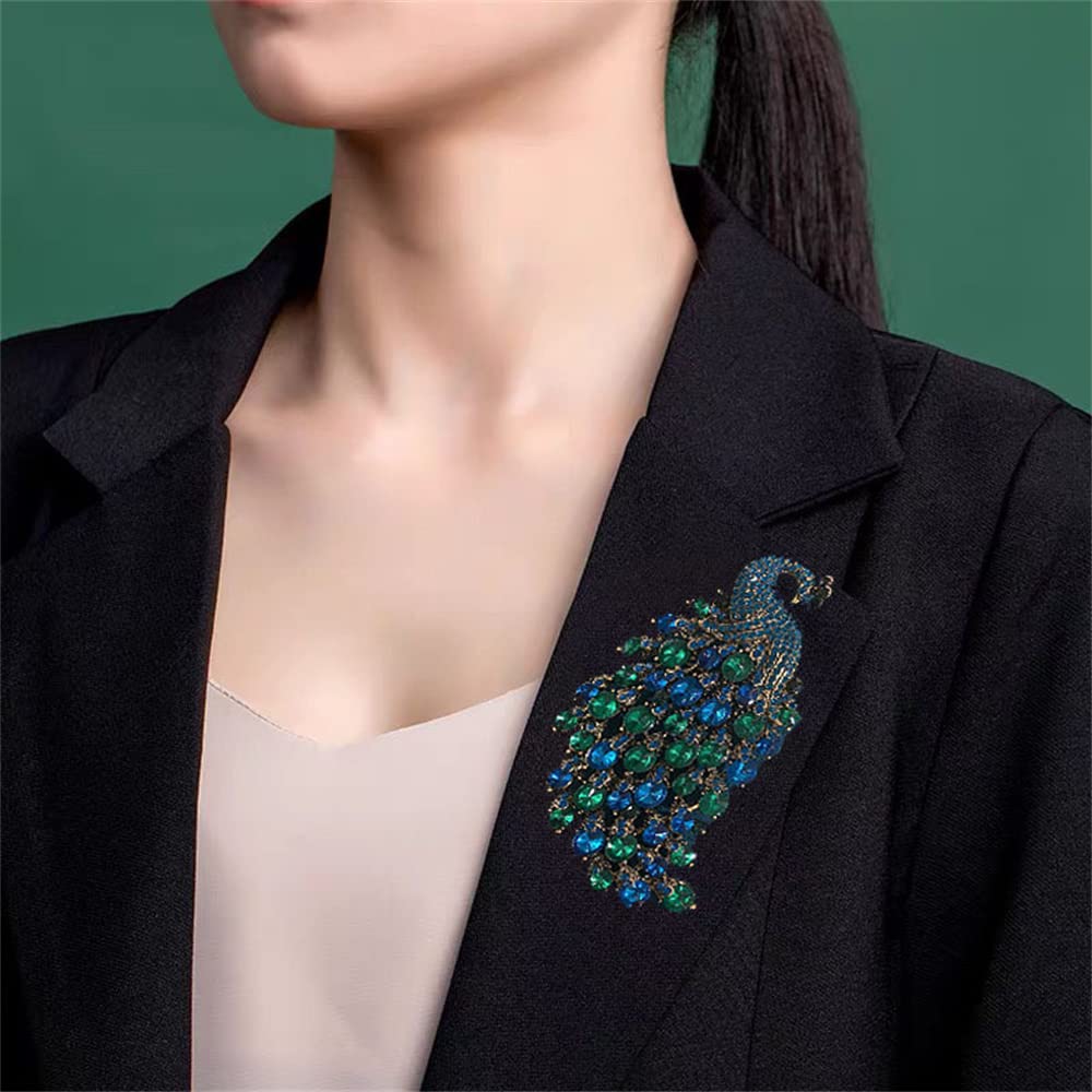 Rhinestone Peacock Brooch Pin for Women Girls Fashion Exquisite Exaggerated Big Crystal Bird Animal Brooches Lapel Pins Elegant Dress Accessories Wedding Christmas Birthday Jewelry Gift (Blue Green)