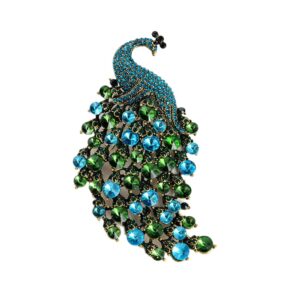 rhinestone peacock brooch pin for women girls fashion exquisite exaggerated big crystal bird animal brooches lapel pins elegant dress accessories wedding christmas birthday jewelry gift (blue green)