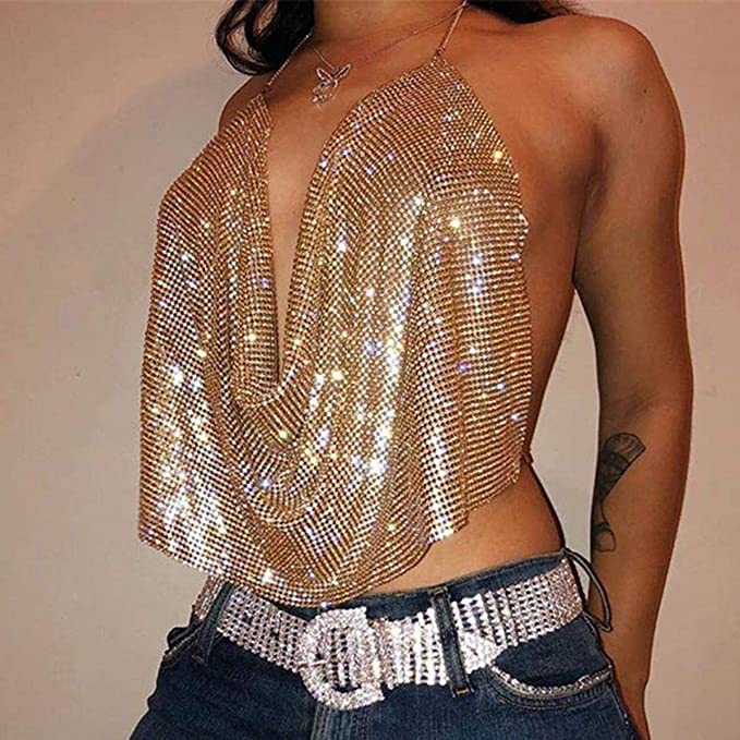 Ginfonr Sexy Sequins Body Chain Crop Top Belly Women Golden Fashion Jewelry Waist Bra Hot Bikini Beach Harness Dance Birthday Anniversary Festival Gift Night Club Party Rave Outfit for Lady Girls