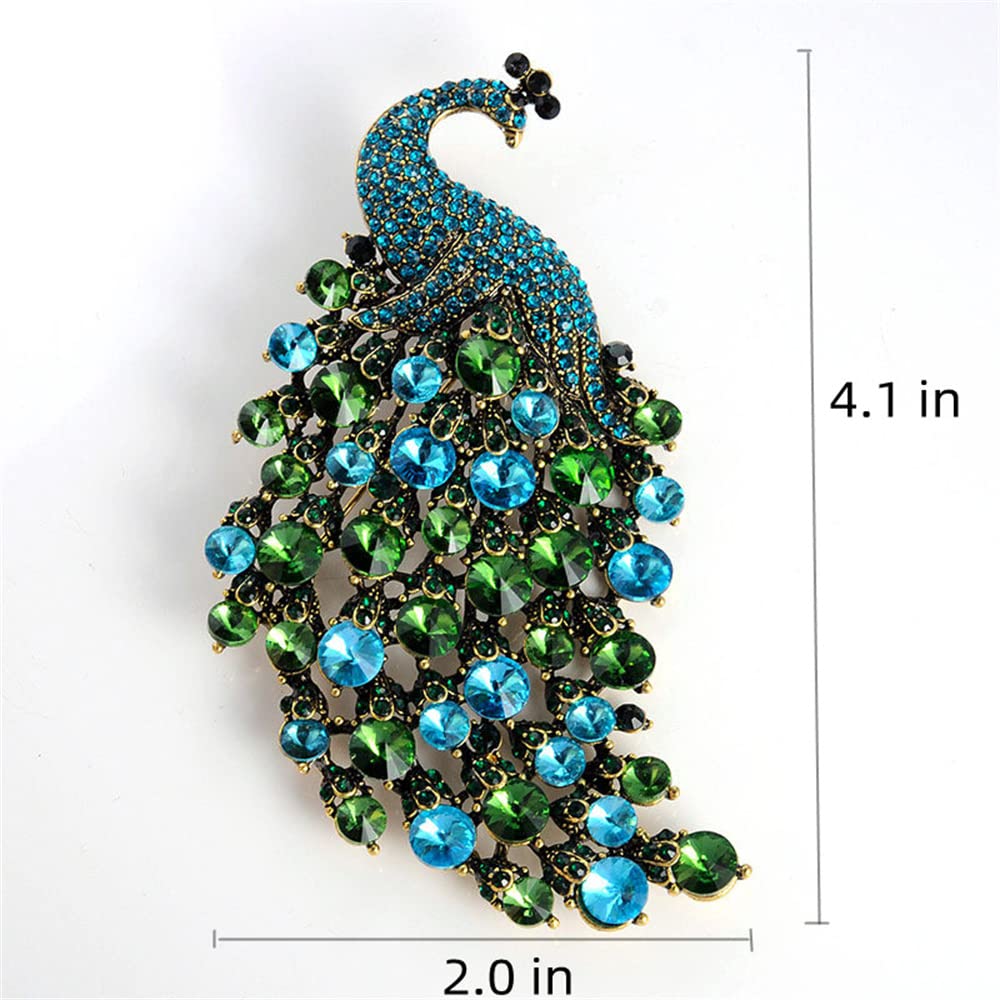 Rhinestone Peacock Brooch Pin for Women Girls Fashion Exquisite Exaggerated Big Crystal Bird Animal Brooches Lapel Pins Elegant Dress Accessories Wedding Christmas Birthday Jewelry Gift (Blue Green)