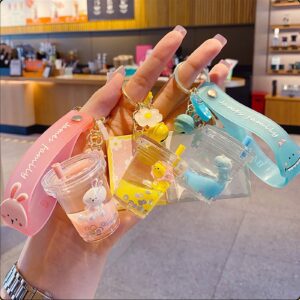 Rertnocnf Cute Kawaii Floating Cartoon Animals White Rabbit Milk Tea Cup Design Backpack Car Key Pendant Kids Girls Women Handbag Wallet Clear Acrylic Glitter Liquid Keychain