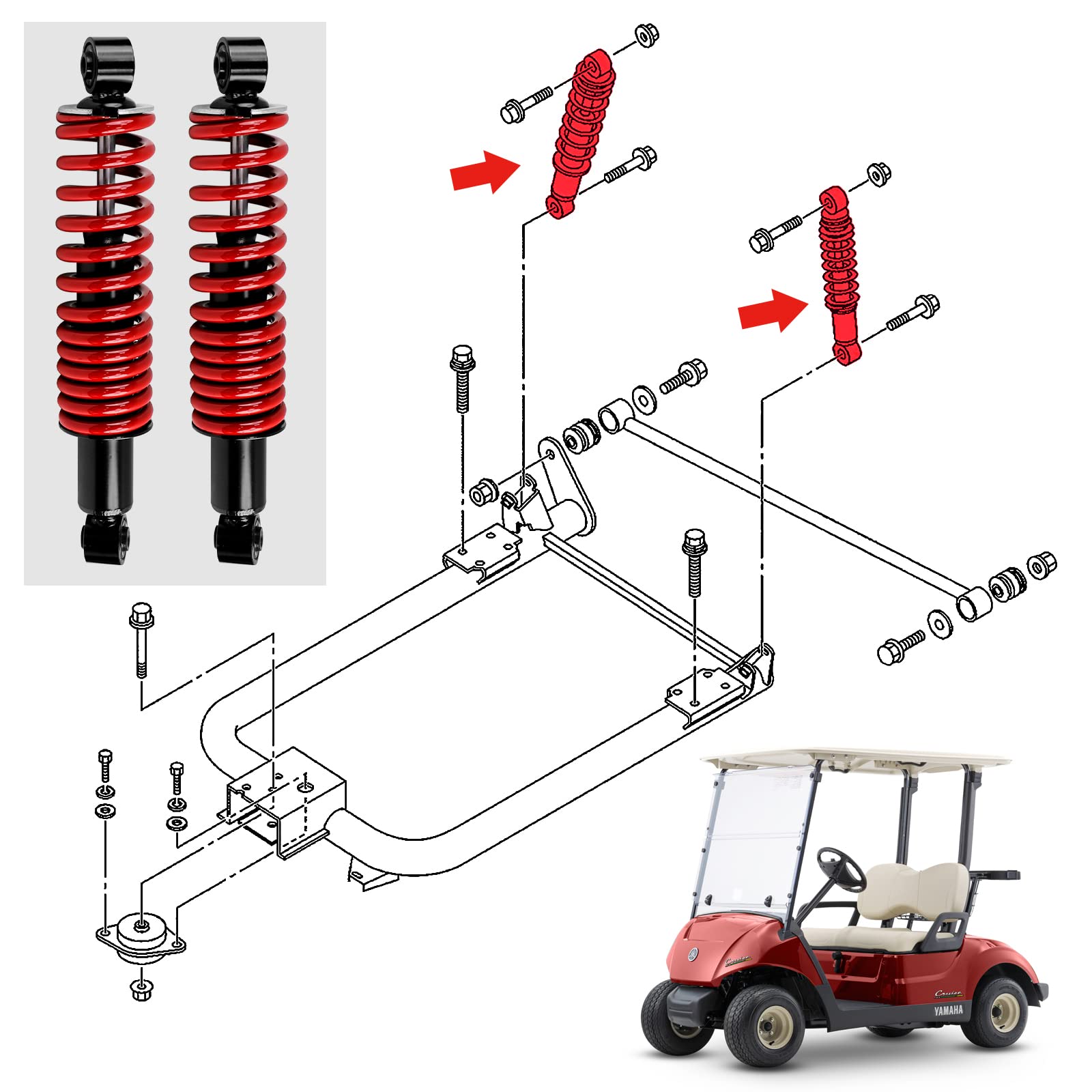 Yamaha Heavy Duty Rear Shock Absorber with Spring for G29 Drive, G22, G20, G19, G16 and G14 Gas and Electric Golf Cart OEM JN4-F2210-00,JN3-F2210-00,Extended Length 14"