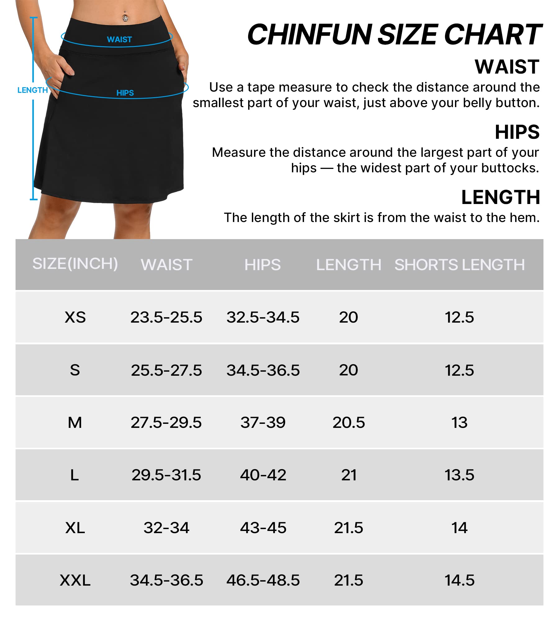 ChinFun 20" Knee Length Skorts Skirts for Women Tennis Athletic Running Golf Skirt with Pockets Black XL