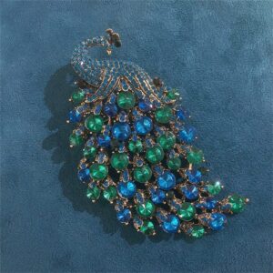 Rhinestone Peacock Brooch Pin for Women Girls Fashion Exquisite Exaggerated Big Crystal Bird Animal Brooches Lapel Pins Elegant Dress Accessories Wedding Christmas Birthday Jewelry Gift (Blue Green)