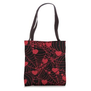 spiderweb valentine's day hearts gothic goth black fairycore tote bag