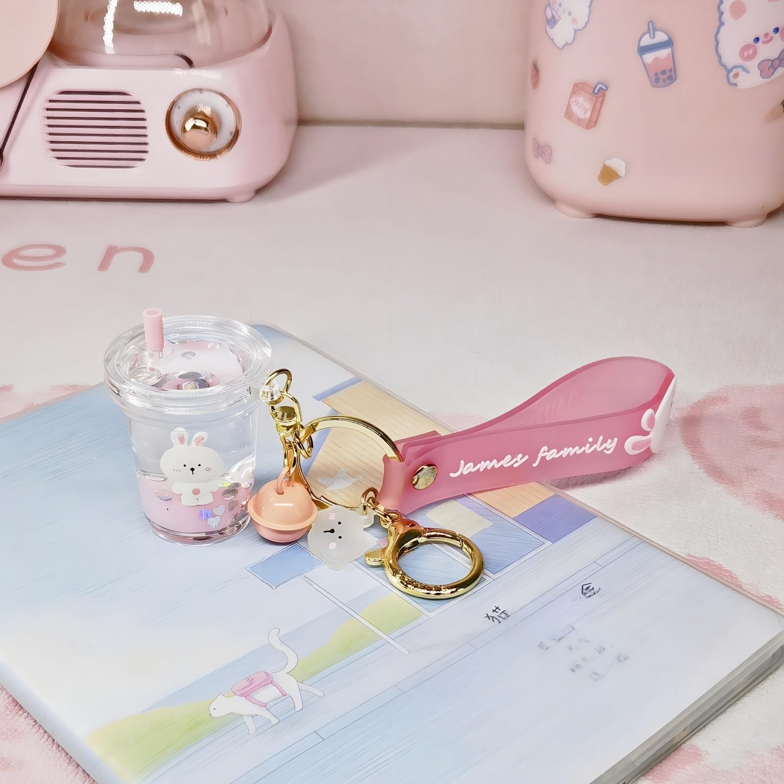 Rertnocnf Cute Kawaii Floating Cartoon Animals White Rabbit Milk Tea Cup Design Backpack Car Key Pendant Kids Girls Women Handbag Wallet Clear Acrylic Glitter Liquid Keychain