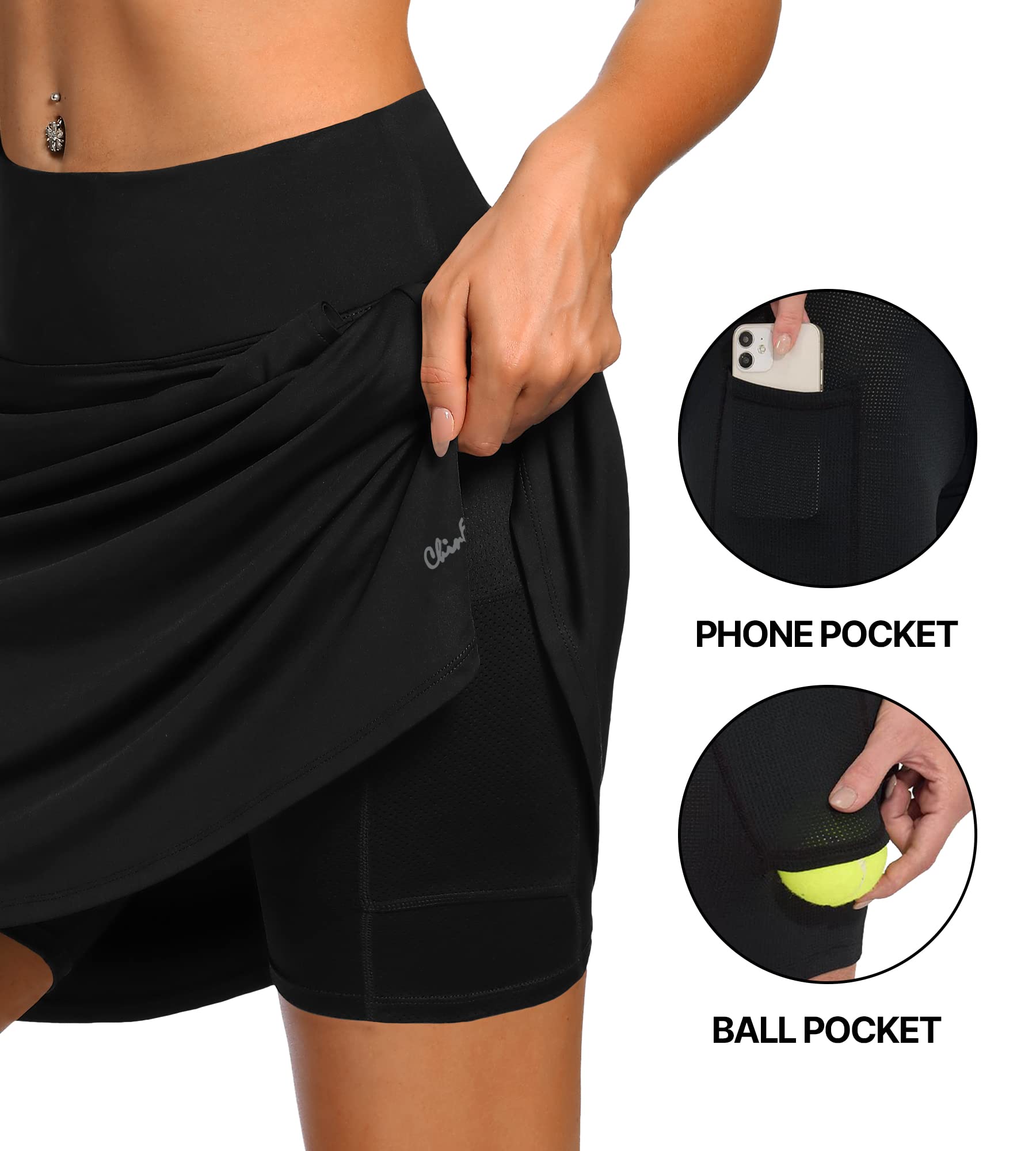 ChinFun 20" Knee Length Skorts Skirts for Women Tennis Athletic Running Golf Skirt with Pockets Black XL