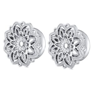 mesnt 2pcs plugs and tunnels for ears 12mm ear plugs flesh tunnels 1/2 inch hollow flower shape piercing tunnels expander stretcher piercing jewelry, silver