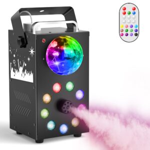 fog machine, 700w smoke machine with 3500 cfm fog, 9 led colorful lights and disco ball light with auto & strobe effect, halloween fog machine with remote control for stage party dj concert wedding