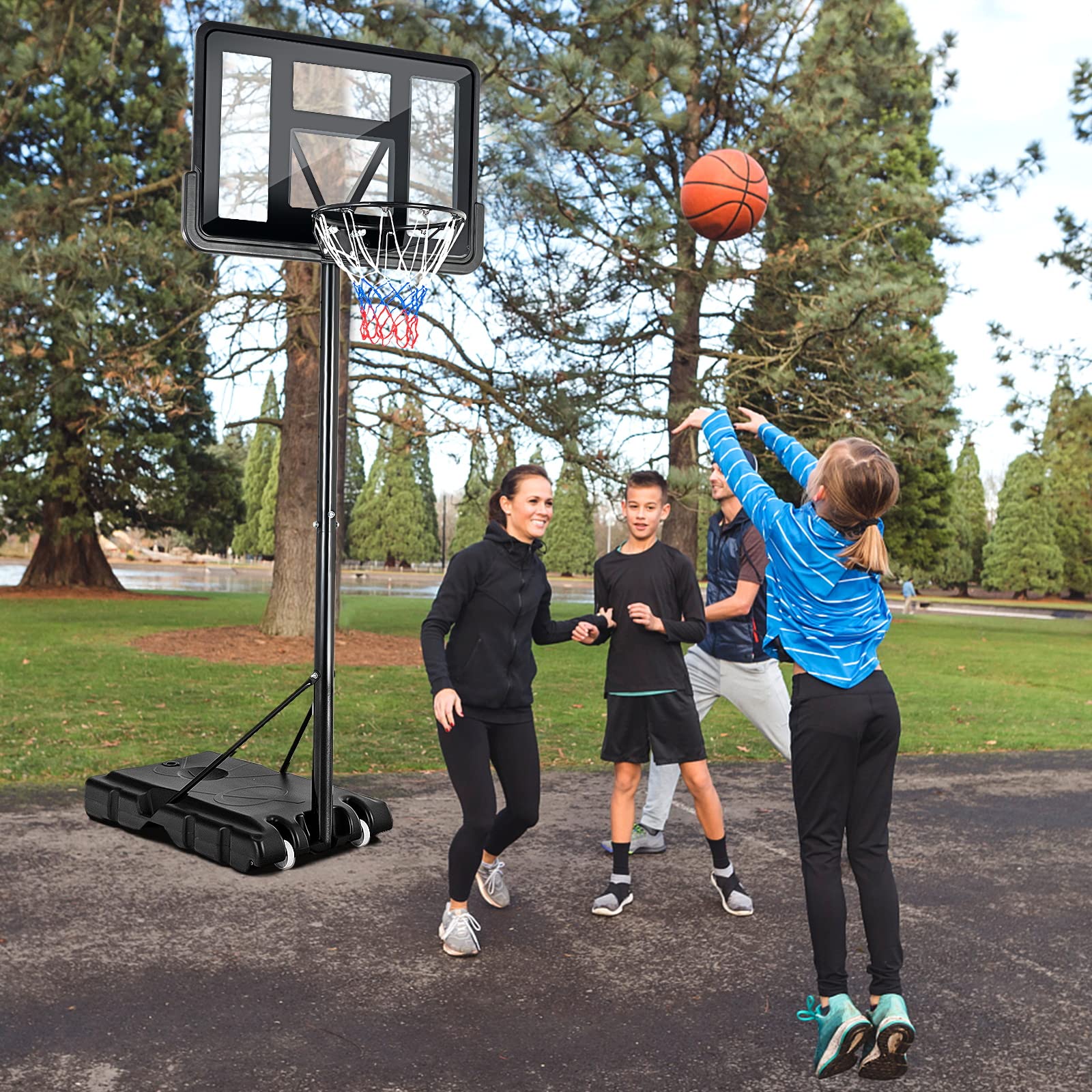 GYMAX Basketball Hoop Outdoor, 4.25 Ft to 10Ft Adjustable Basketball Goal with 44’’ Backboard & 18’’ Basket, All Weather Portable Basketball Stand w/Wheels, for Kids Youth Adult, Indoor Gym, Driveway