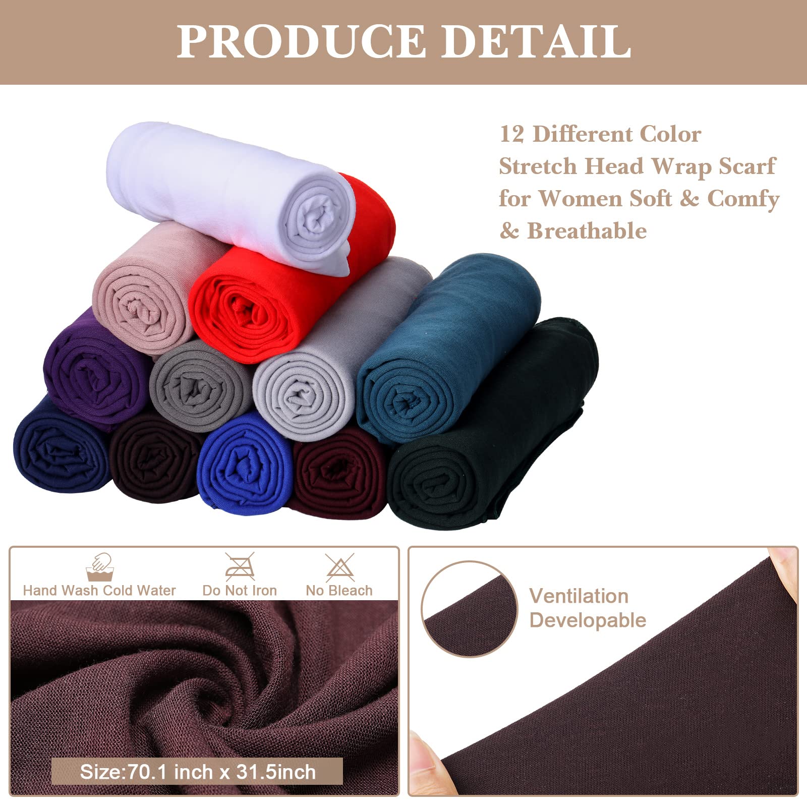 12 Pieces Stretch Jersey Turban Head Wrap Knit Headwraps for Woman Urban Long Hair Scarf Tie Solid Color Breathable Head Band