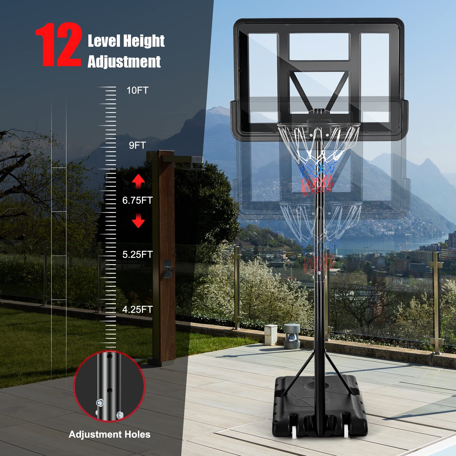 GYMAX Basketball Hoop Outdoor, 4.25 Ft to 10Ft Adjustable Basketball Goal with 44’’ Backboard & 18’’ Basket, All Weather Portable Basketball Stand w/Wheels, for Kids Youth Adult, Indoor Gym, Driveway