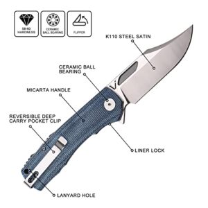 Petrified fish PFP03 Victor,3.58" K110 Satin Blade,140g Micarta Handel Flipper Liner lock Folding knife (Blue Satin)