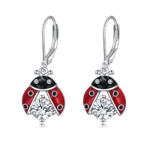 poplyke ladybug earrings for women 925 sterling silver ladybug leverback earrings jewelry ladybug cubic-zirconia (red ladybug)