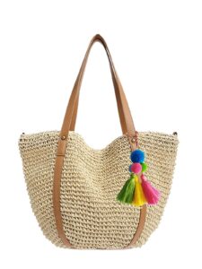 straw bag for women large handwoven bucket tote with tassel slouchy purse summer beach handbag wicker rattan round woven boho shoulder