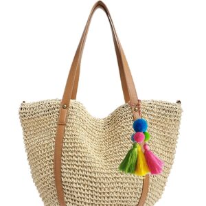 Straw Bag for Women Large Handwoven Bucket Tote with Tassel Slouchy Purse Summer Beach Handbag Wicker Rattan Round Woven Boho Shoulder