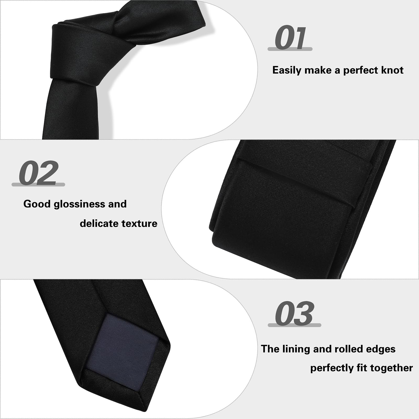 PenSee Men's Black Ties Thin Solid Pure Color 1.58" (4CM) Plain Slim Necktie Skinny Ties For Men