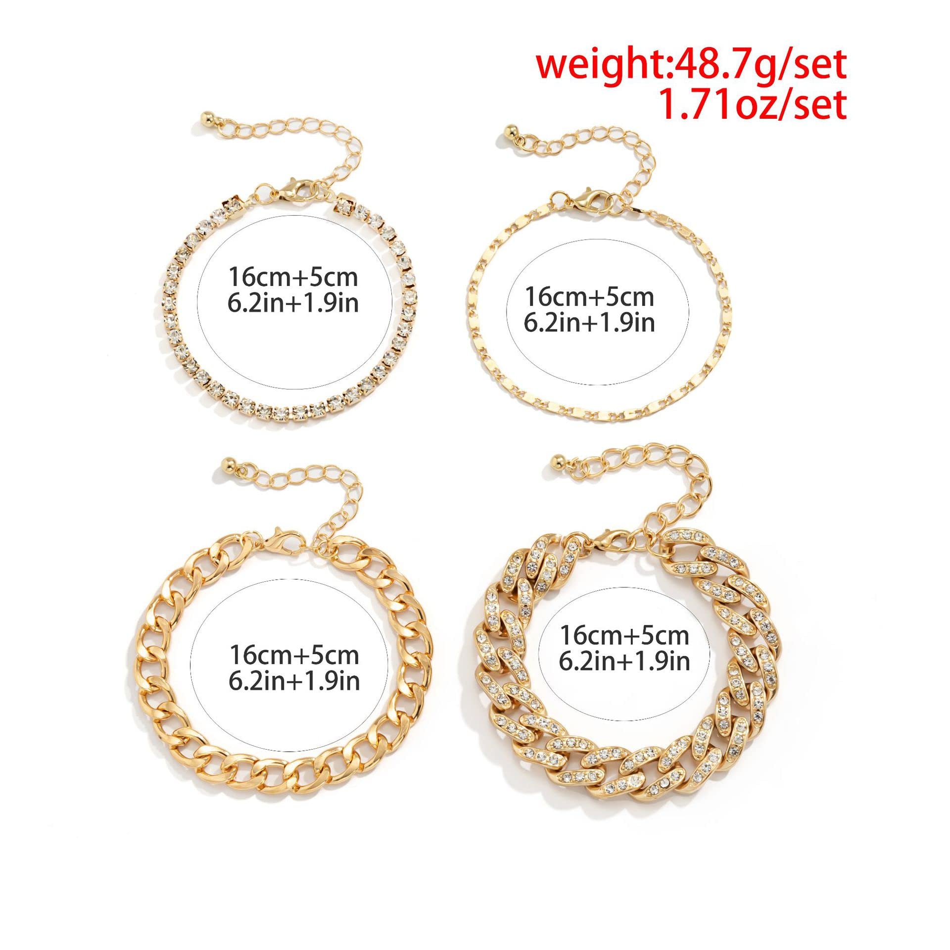 Sither 4 Pcs Chain Bracelet Set for Women Cuba Link Bracelet Pack Punk Gold Crystal Chain Bracelets Jewelry for Gift Halloween Christmas (gold)