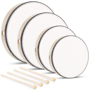 4 pcs kids hand drum adults wood frame drum set with drum stick 12 inch 10 inch 8 inch 6 inch percussion musical instruments for school kids adults beginners home party supplies (wood colors)