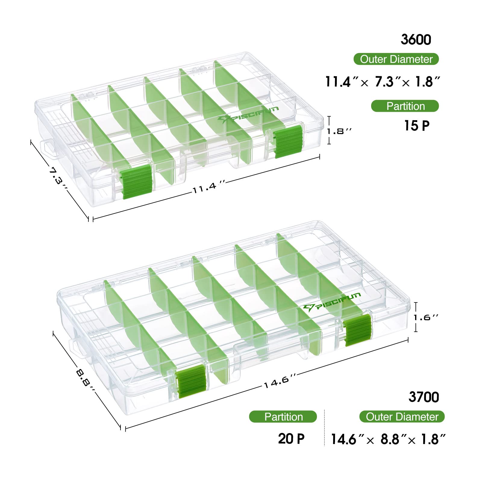 Piscifun Fishing Tackle Boxes, Tackle Trays with Waterproof Labels and Removable Dividers, 3600 BPA-Free Plastic Clear Fishing Storage Organizer Boxes for Lures, 2 Packs