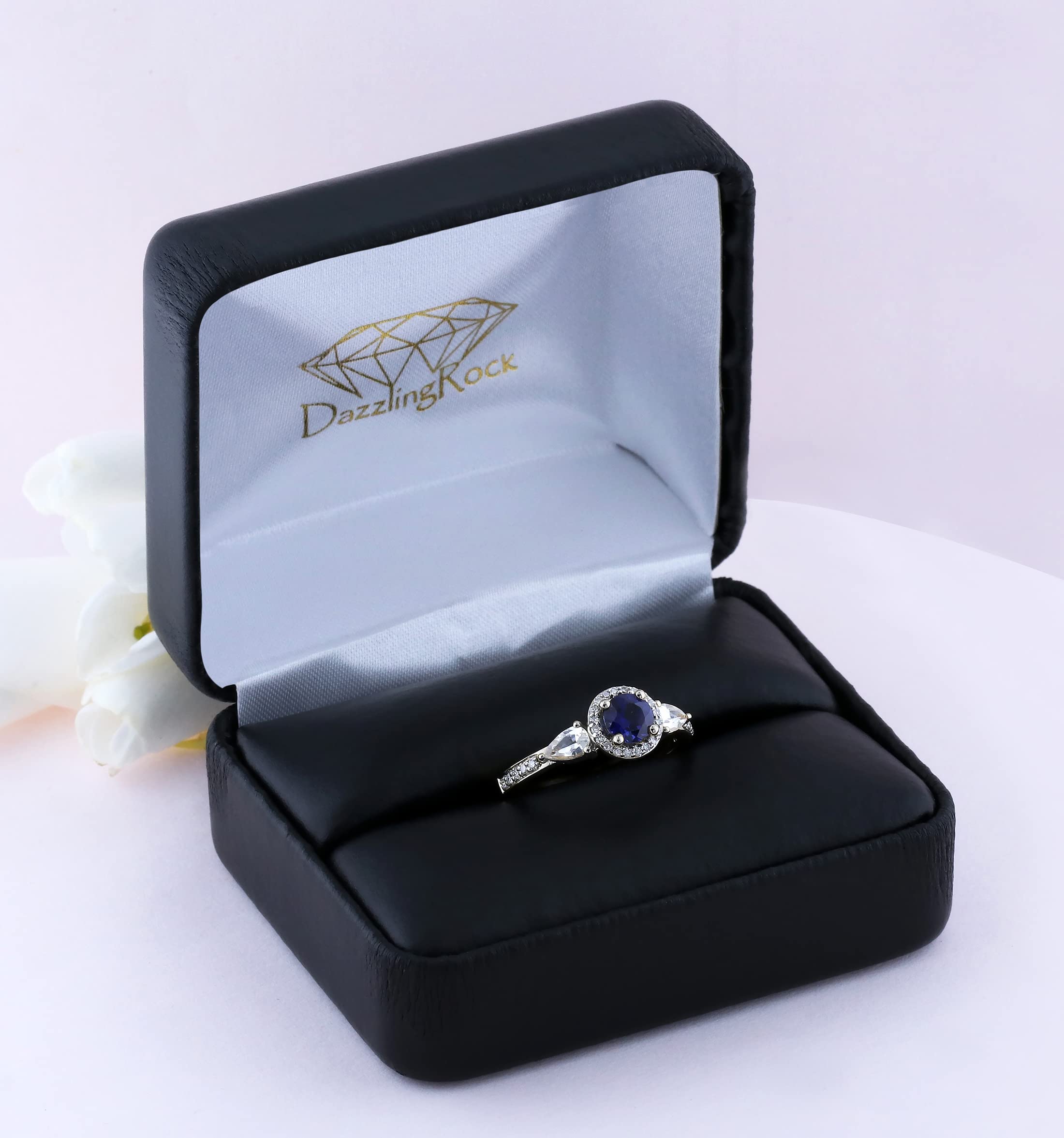 Dazzlingrock Collection 14K 5 MM Round Lab Created Blue Sapphire, Pear White Sapphire & Round Diamond Women 3 Stone Ring, White Gold, Size 6