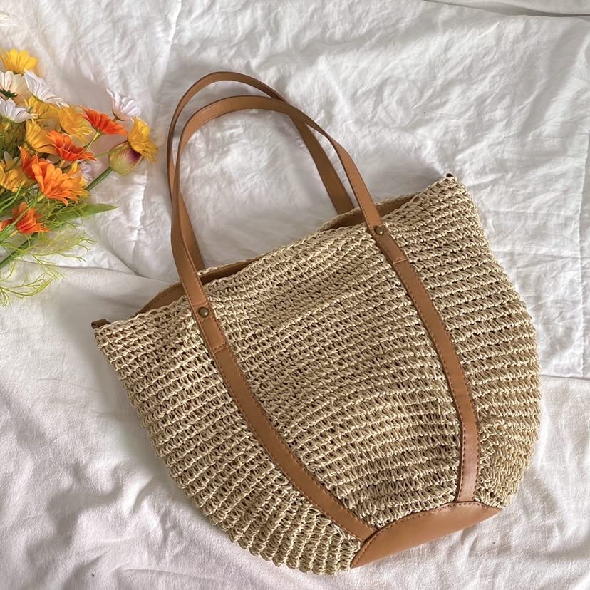 Straw Bag for Women Large Handwoven Bucket Tote with Tassel Slouchy Purse Summer Beach Handbag Wicker Rattan Round Woven Boho Shoulder