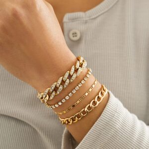 Sither 4 Pcs Chain Bracelet Set for Women Cuba Link Bracelet Pack Punk Gold Crystal Chain Bracelets Jewelry for Gift Halloween Christmas (gold)