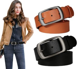 ssumday 2 pack women's womens girl female ladies black brown waist leather belts for jeans pants dress dresses with fashion pin buckle(rzkbr-m)