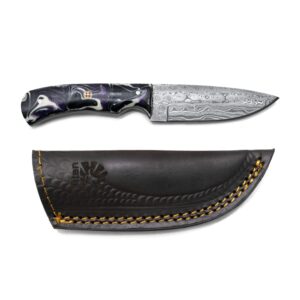 titan international knives damascus steel fixed blade hunting and skinning knife | handmade 1095 4340 carbon mix hand pounded | stabilized acrylic handle includes leather sheath