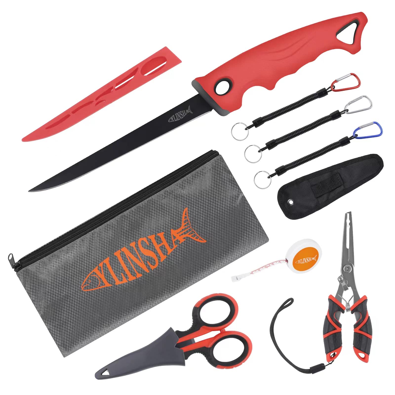 YLINSHA Fishing Tool Kit Fillet Knife Fishing 8pack Including Fishing Knife Fishing Scissors Fishing Pliers Saltwater Fish Measuring Ruler,Anti-Lost Lanyard Waterproof Storage BagTackle Accessory Kit