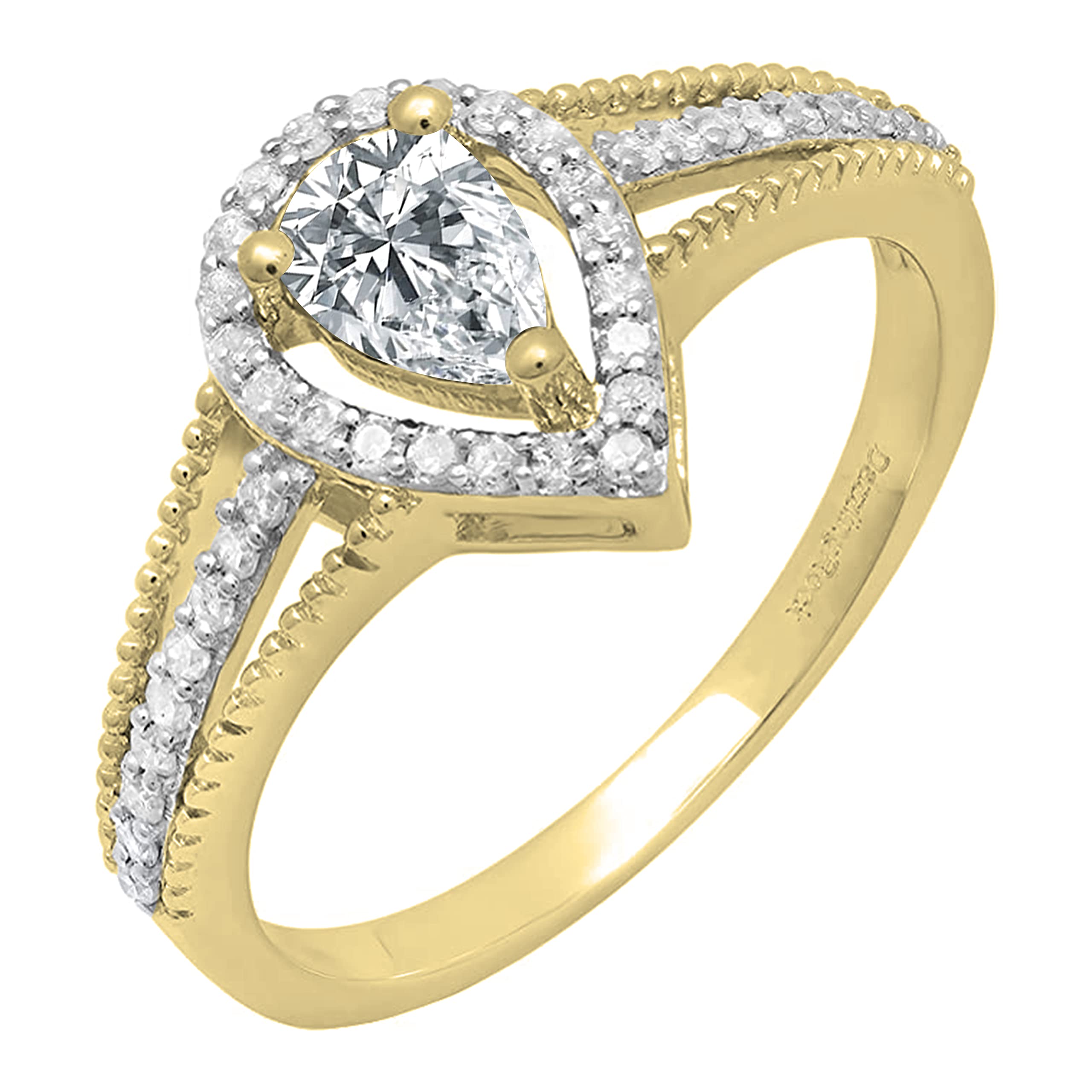 Dazzlingrock Collection 18K 6X4 MM Pear Lab Created White Sapphire & Round Diamond Bridal Halo Ring, Yellow Gold, Size 7.5