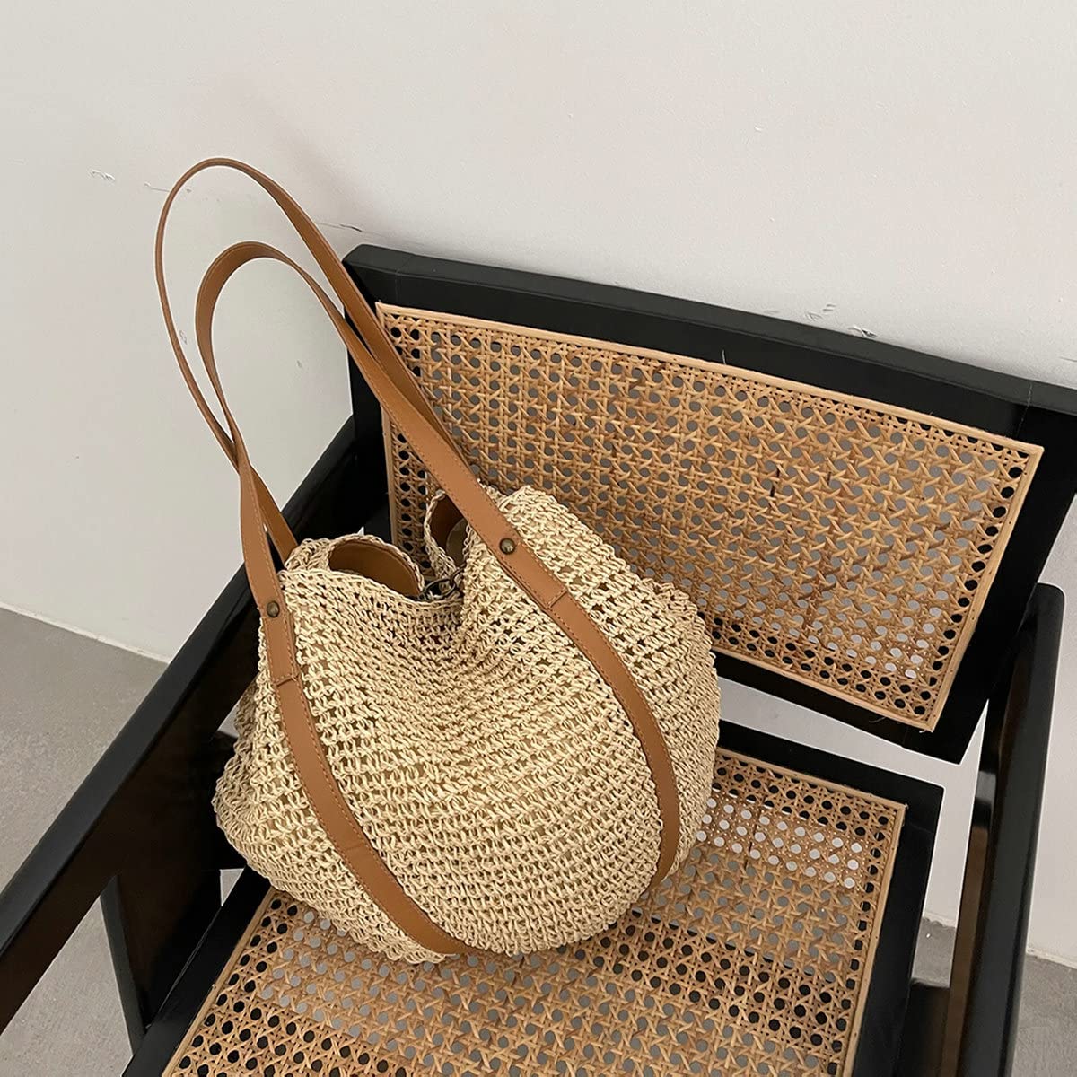 Straw Bag for Women Large Handwoven Bucket Tote with Tassel Slouchy Purse Summer Beach Handbag Wicker Rattan Round Woven Boho Shoulder