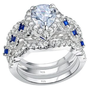 newshe engagement wedding ring set 925 sterling silver 3pcs 3.0ct pear shape white cz blue gemstone size 7