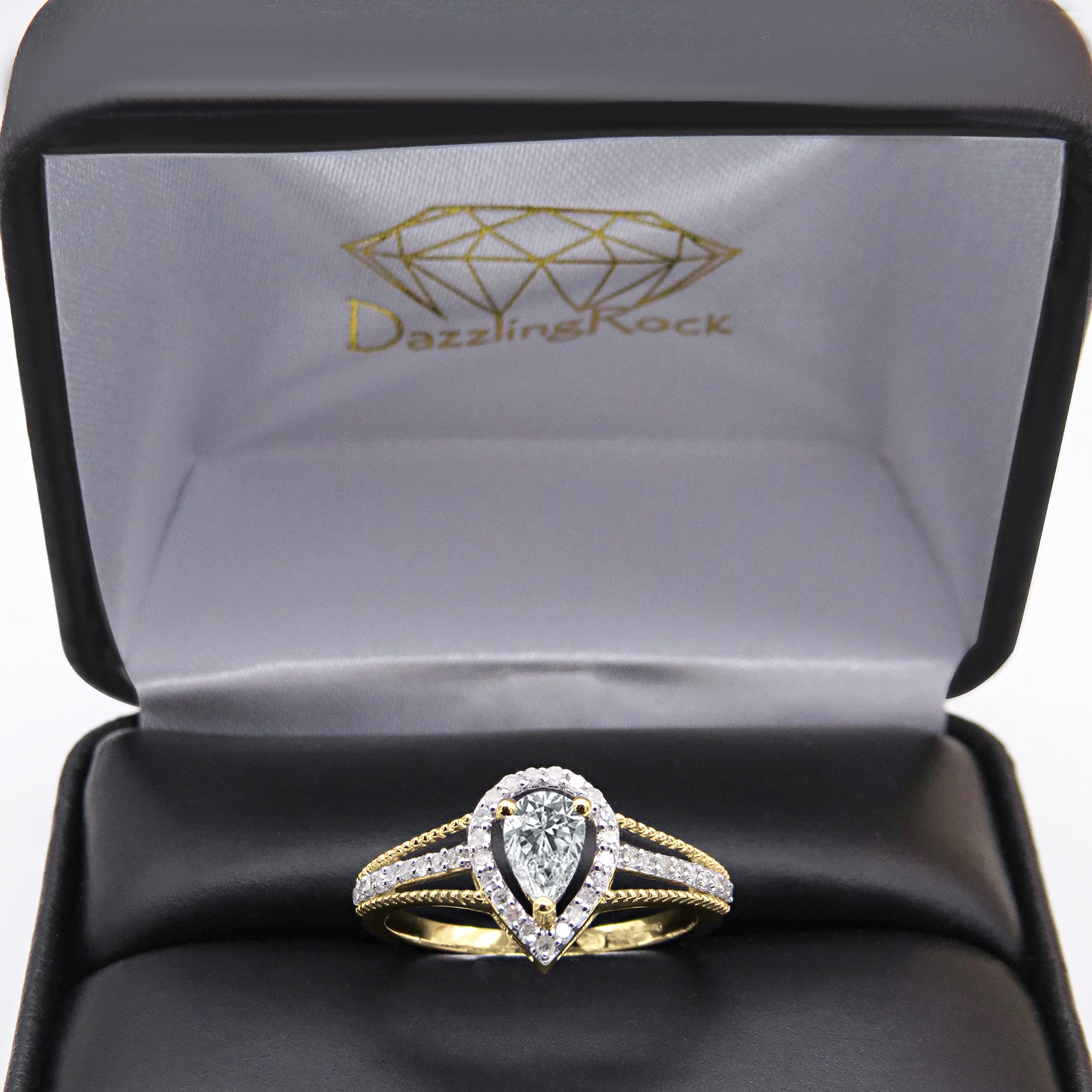 Dazzlingrock Collection 18K 6X4 MM Pear Lab Created White Sapphire & Round Diamond Bridal Halo Ring, Yellow Gold, Size 7.5