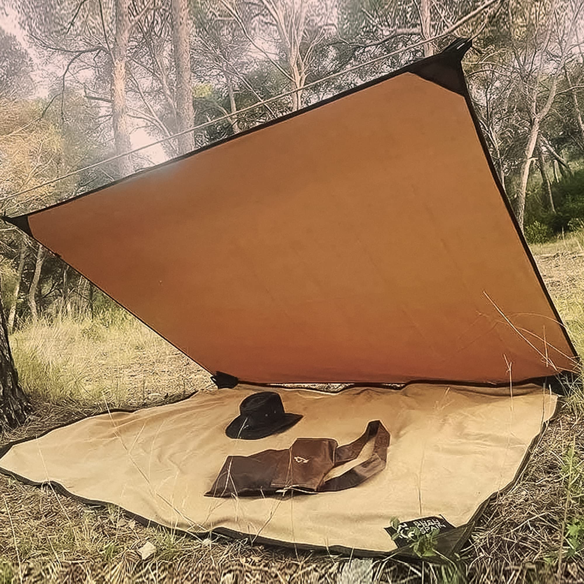 Bushcraftspain Waterproof Oilskin Tarp 8’ x 4’8’’- Brown Waxed Cotton Canvas Shelter for Survival, Bushcraft and Camping - Lightweight - Made in Spain