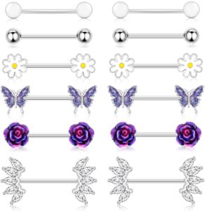 shakalaka surgical steel nipple rings body piercing jewelry for women with cute daisy flower butterfly ball purple 14g