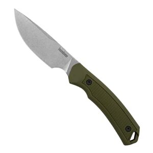 kershaw deschutes skinner fixed blade hunting knife, olive handle with d2 stainless steel drop point blade, strong grip with finger choil and rubber overlay, includes sheath