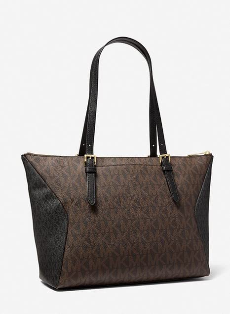 Michael Kors Coraline Large Logo and Leather Tote Bag (BROWN MULTI)