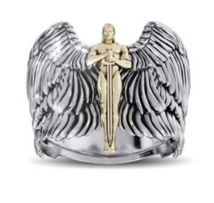 hukqbunx 925 sterling silver 18k gold warrior sword angel wings two color men's domineering diamond ring size 6-10 (size 10), clear,gold