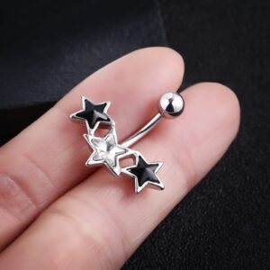 Wycian Navel Rings, Stainless Steel Belly Piercing Jewelry Belly Button Rings For Women Stars Shaped Black Cubic Zirconia Belly Ring Black Silver