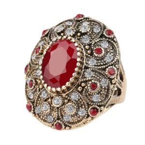 egztika turkish style jewelry vintage rings unique ancient gold color crystal big oval ring for women gift (red,size 9)