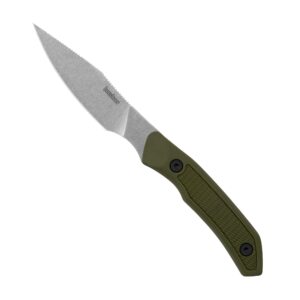 kershaw deschutes caper hunting knife, sharp d2 stainless steel blade, full tang fixed blade for caping, olive handle with rubber overlay, includes sheath and removable belt strap