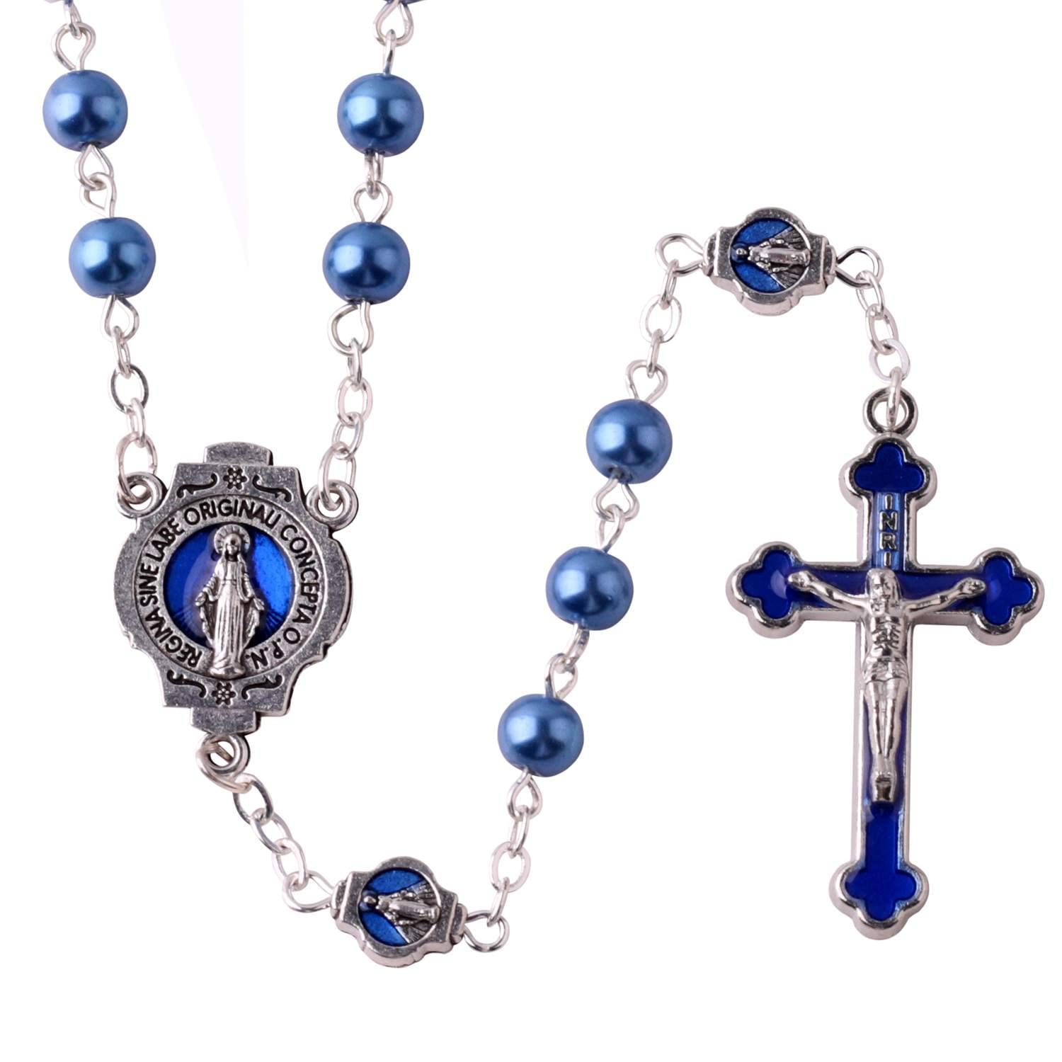 Woodington's Our Lady of the Grace Miraculous Medal Blessed Virgin Mother Mary Catholic Christian Religious Italian Made in Italy 6mm Blue Rosary Rosaries Beads