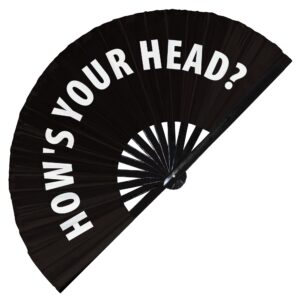 how's your head? hand fan foldable bamboo circuit rave hand fans pride slang words fan outfit party gear gifts music festival rave accessories (black)