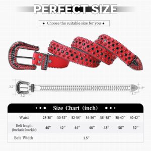 TINIDI Men Women Rhinestones Belt Western Bling Diamond Crystal Studded Leather Belt For Jeans Pants (46: fits waist from 34"-36", Red-Black)