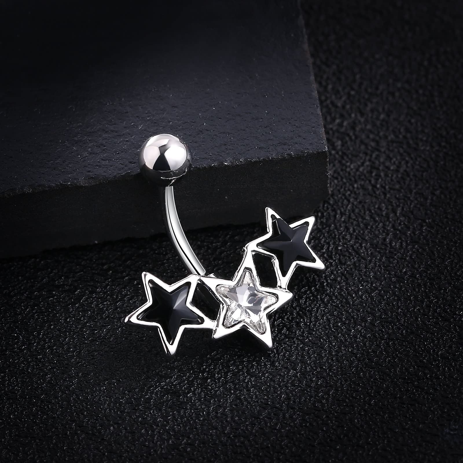 Wycian Navel Rings, Stainless Steel Belly Piercing Jewelry Belly Button Rings For Women Stars Shaped Black Cubic Zirconia Belly Ring Black Silver