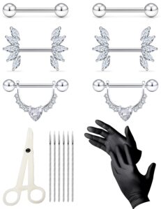 heienngy piercing kit nipple jewelry kit 14g surgical stainless steel nipple/tongue piercing jewelry set 14 gauge piercing needles cz silver black nipple tongue ring for women men body piercing kits