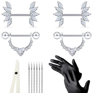 Heienngy Piercing Kit Nipple jewelry kit 14G Surgical Stainless Steel Nipple/Tongue Piercing Jewelry Set 14 Gauge Piercing Needles CZ Silver Black Nipple tongue Ring for Women men Body Piercing Kits